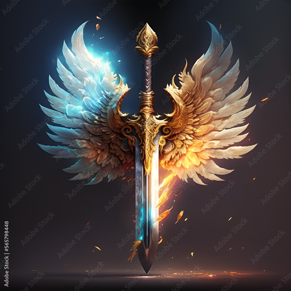 Gorgeous fantasy sword golden wings angel Digital Illustration on sunny ...
