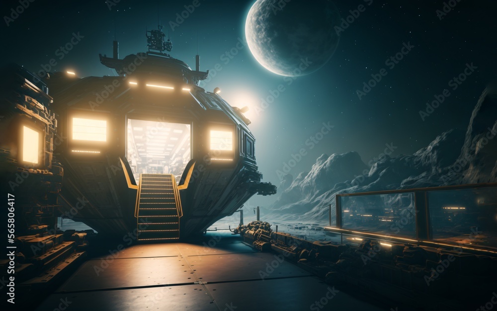 Planet station deck center with the moon, first-person view, Spaceship ...