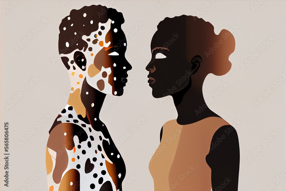 cartoon style illustration of two person with vitiligo skin on white ...