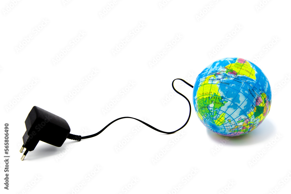 Electric cable with socket connected to Earth globe isolated on white ...