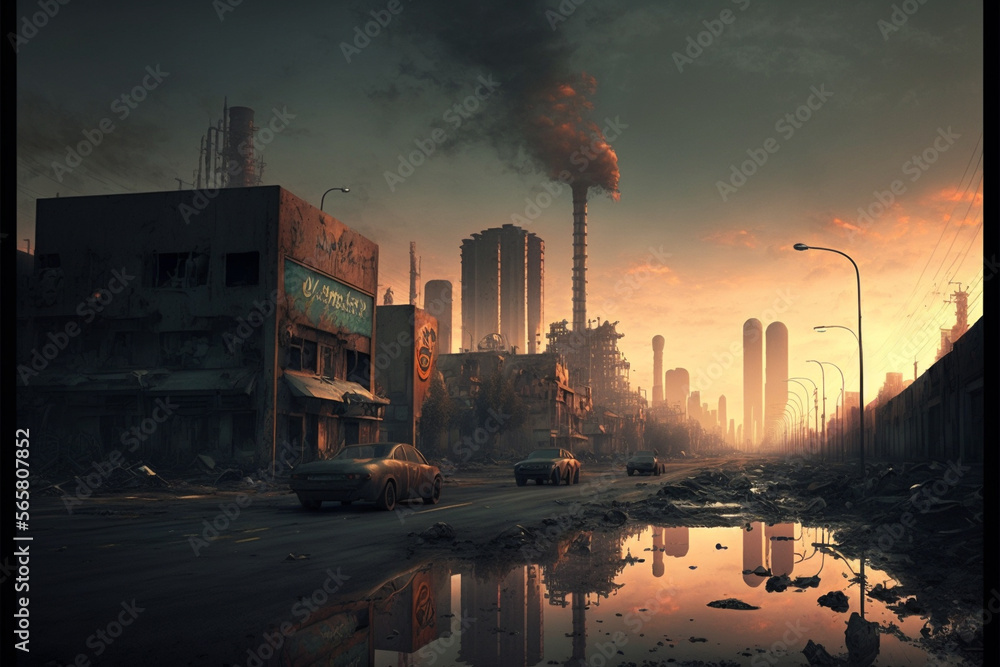 Polluted City with Toxic smoke and covered sky. Environmental disaster ...