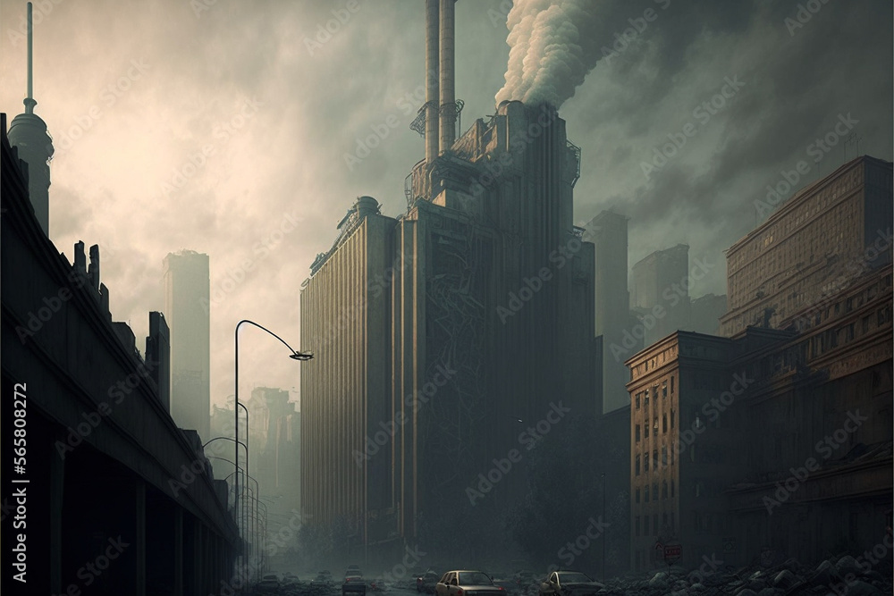 Polluted City with Toxic smoke and covered sky. Environmental disaster ...