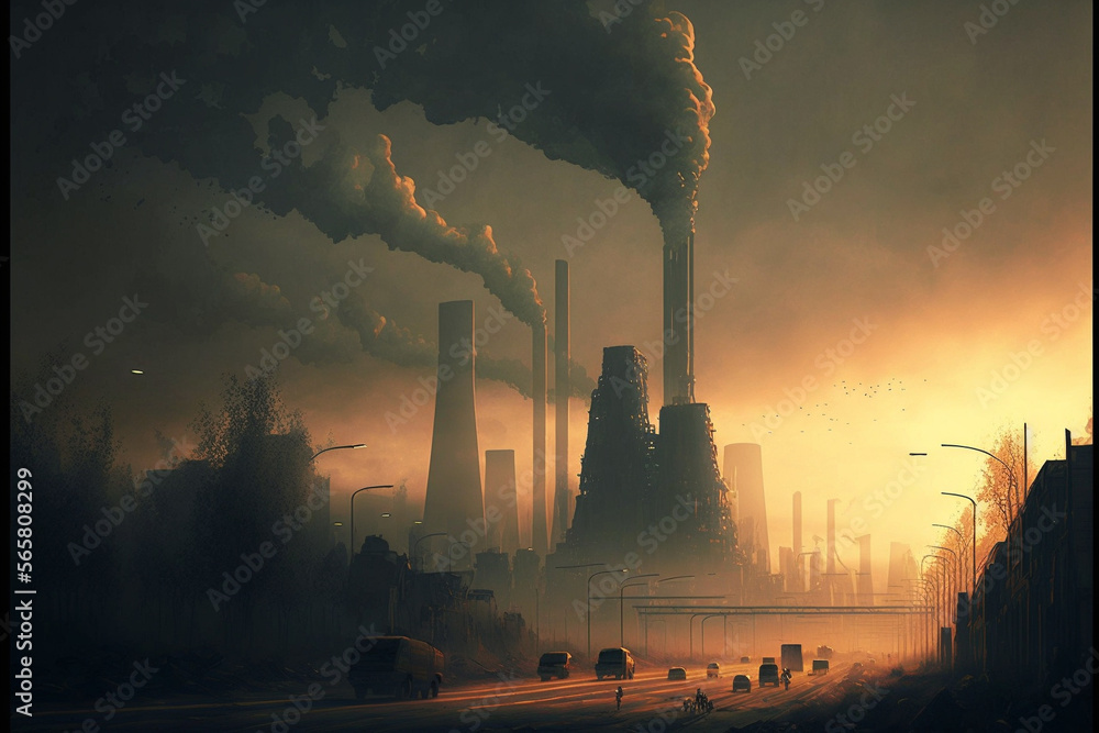 Polluted City with Toxic smoke and covered sky. Environmental disaster ...