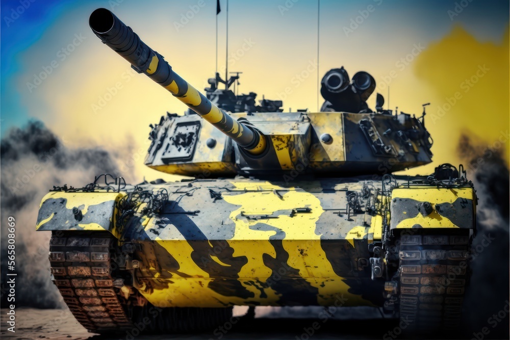 Leopard main battle tank, Ukraine flag. Military heavy vehicle. Army ...