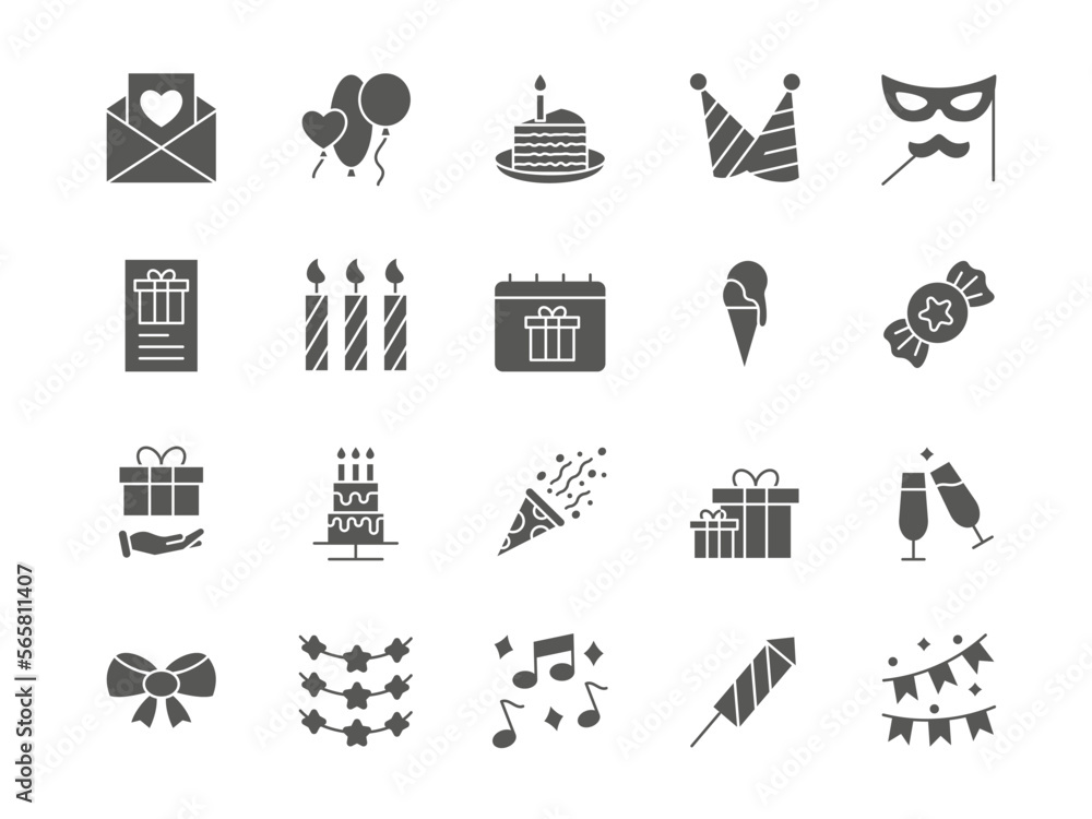 Birthday Party Elements Black Silhouette Icons Happy Event Symbols Birthday Party Elements Black Silhouette Icons Happy Event Symbols