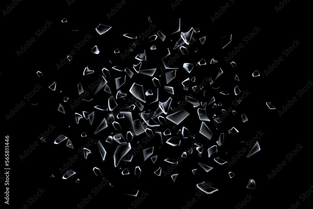 Broken glass shards. Explosion debris. Black shatter space. 3D ...