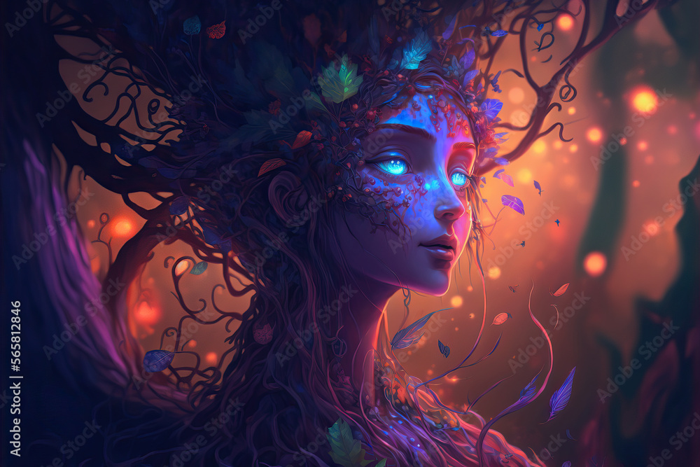 Beautiful dryad goddess in forest. Dryad goddess merging with a magical ...