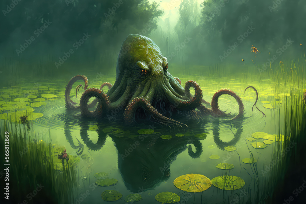 Lovecraft inspired scene. Dark green and creepy cave with tentacle ...