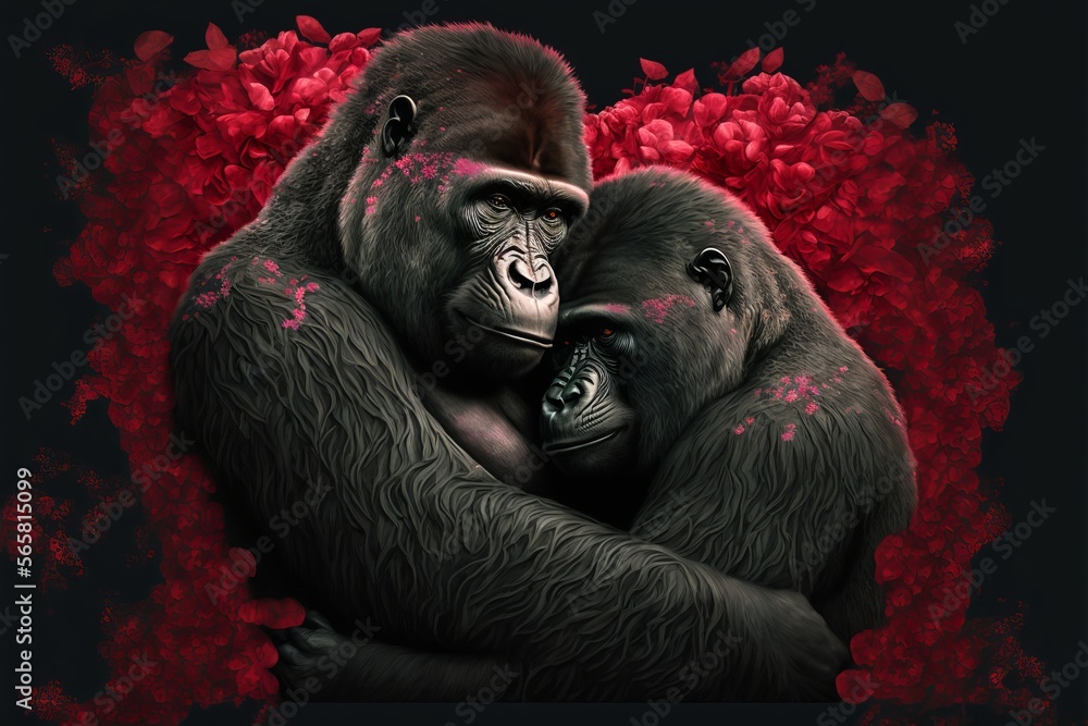 Valentine's Day Rose Cuddling Gorilla Couple: A Romantic Illustration of Love, Heart, and ...
