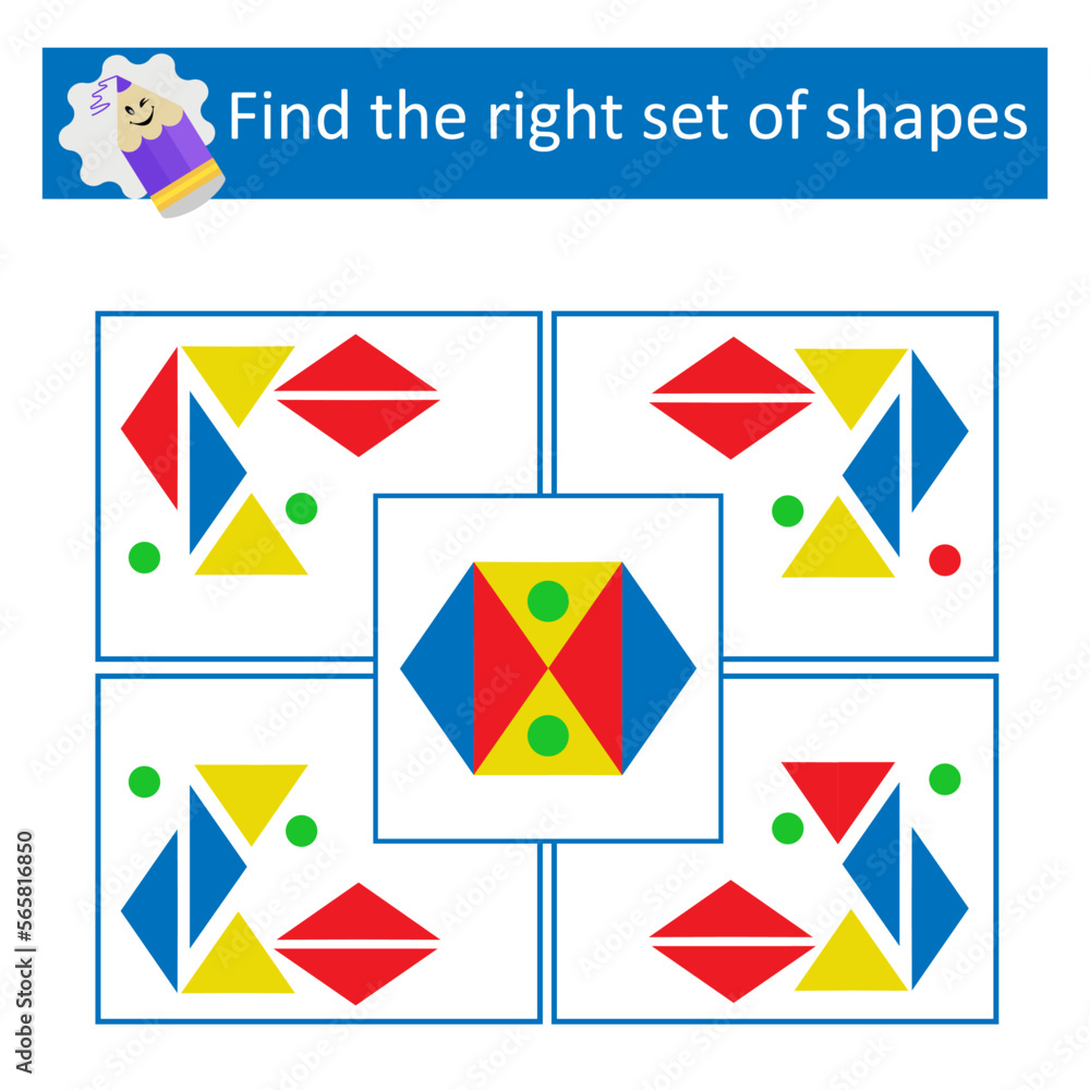 Logic puzzle for children. Find the correct set of geometric shapes ...