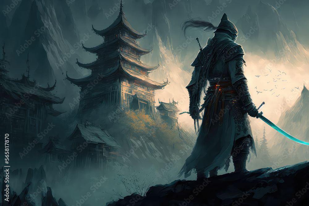 Japanese style ink sumi painting of samurai standing on cliff edge ...