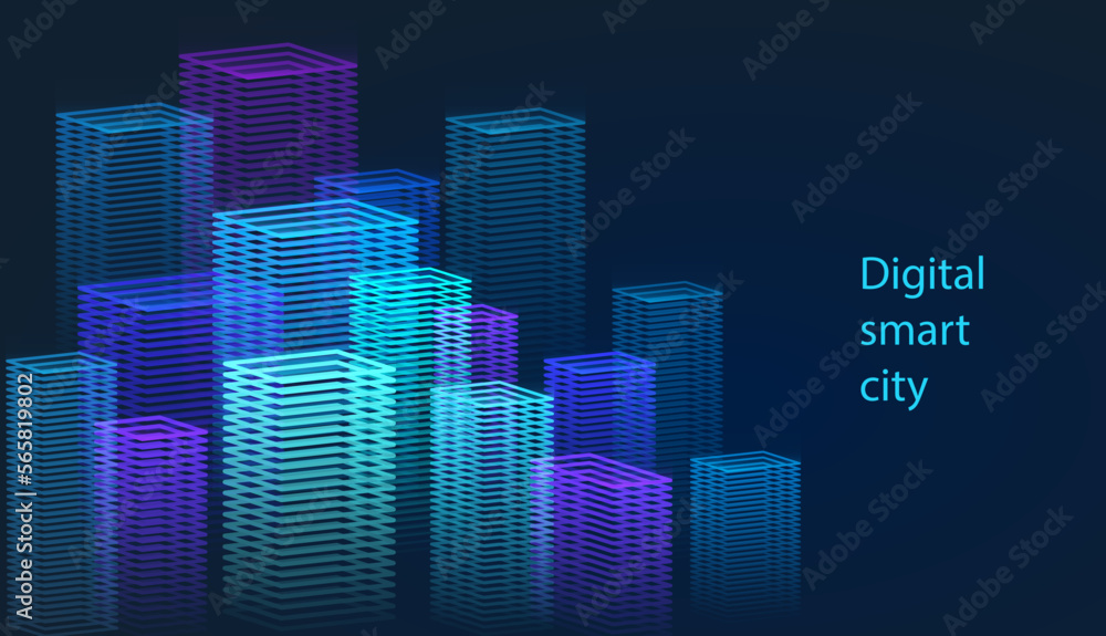 Urban digital architecture from lines. Panorama of tall buildings ...