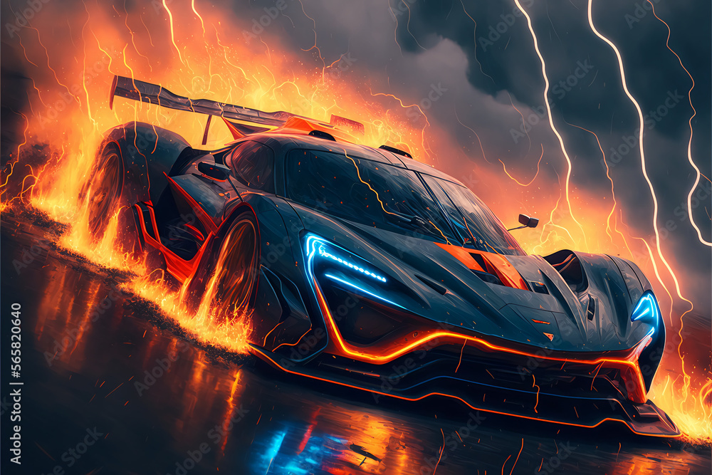hypercar fire lightning neon background generated ai Stock Illustration ...