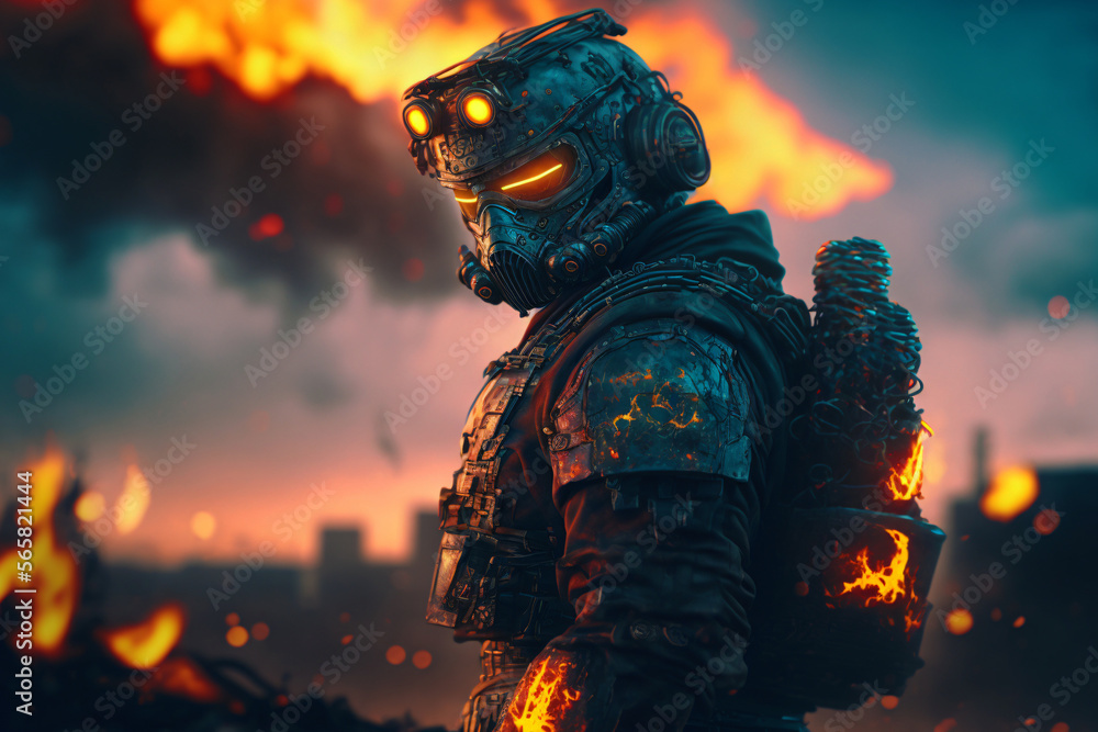futuristic soldier with mask, burning night city background, fictional ...