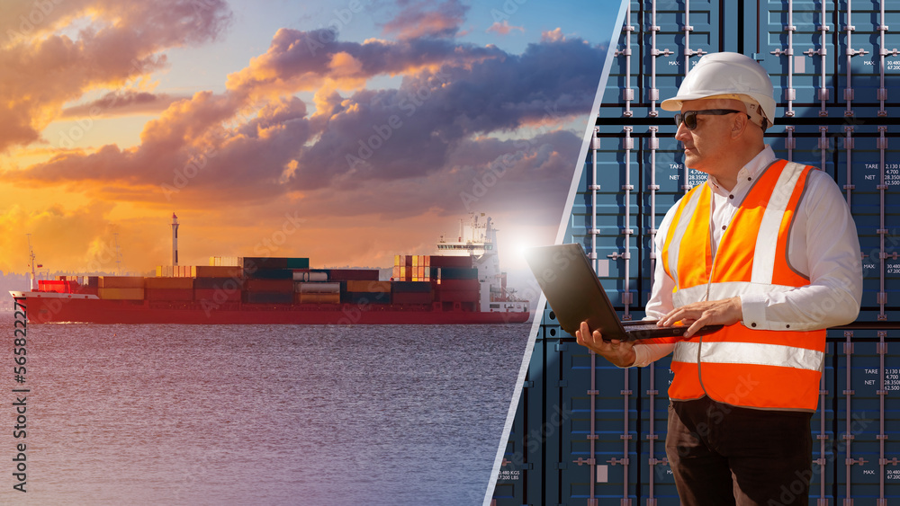 Marine logistics company. Man with laptop monitors dispatch of ...