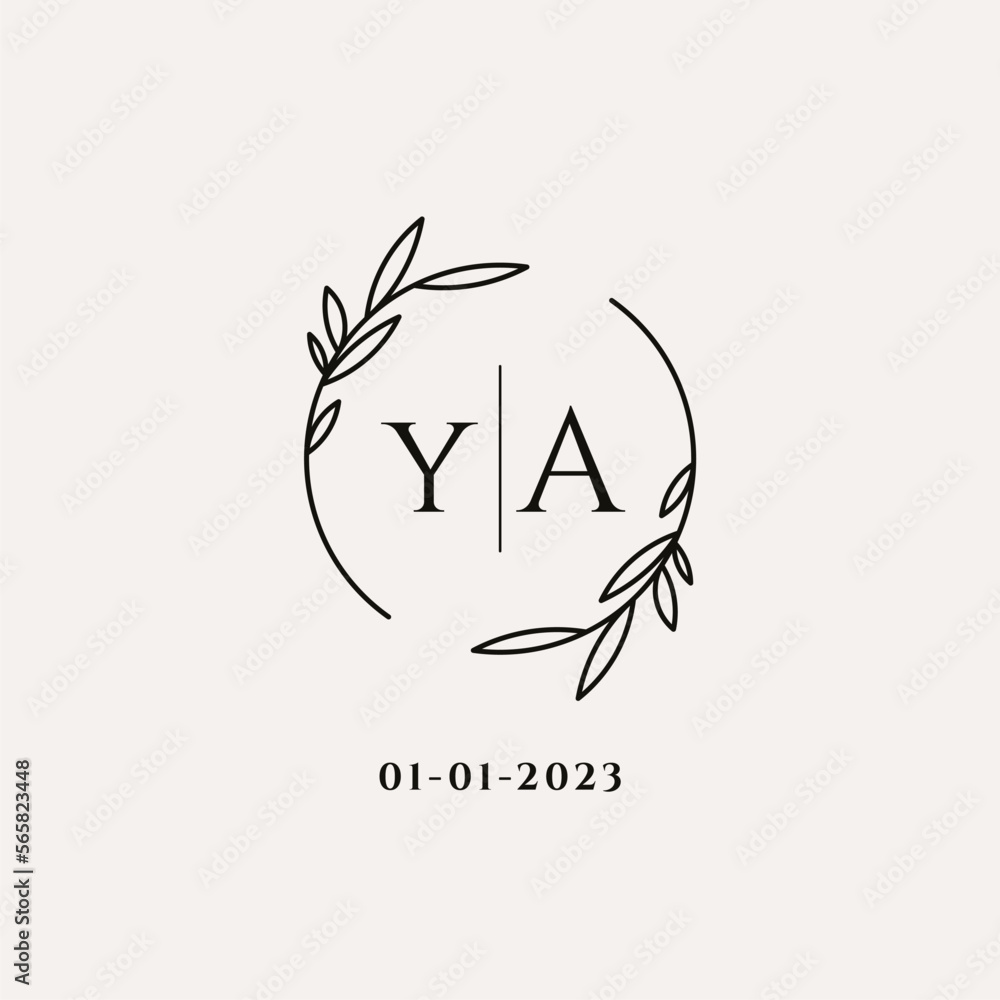 Letter YA wedding monogram logo design with simple natural circle leaf ...