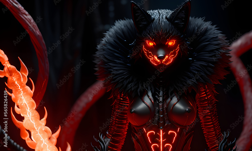 fox with black fur covered with blood demonic eyes dark and gloomy ...