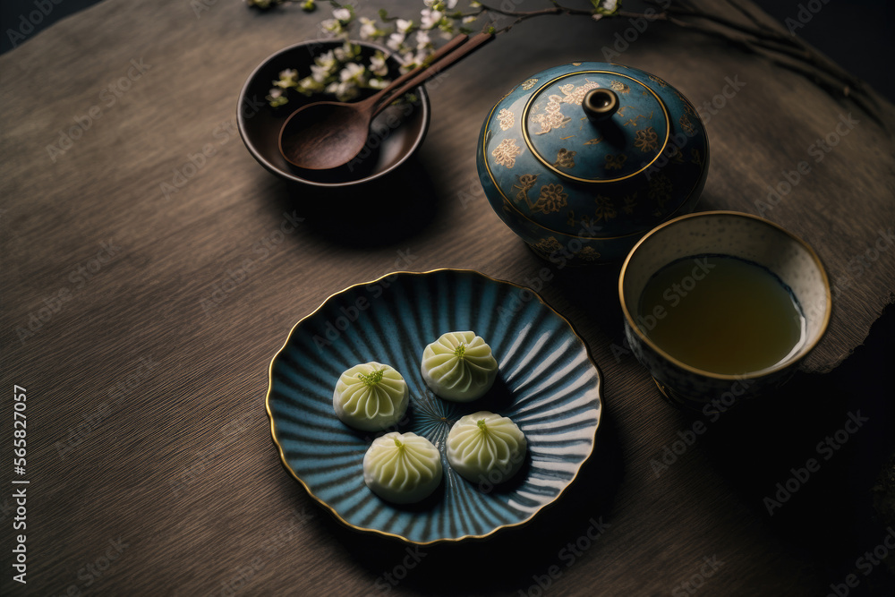 Japanese tea sweets. Enjoying the appealing and beautiful desserts in a ...