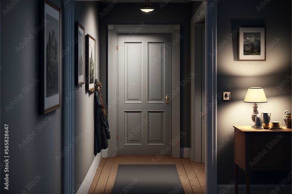 Scandinavian interior style hallway with white door and pictures at ...