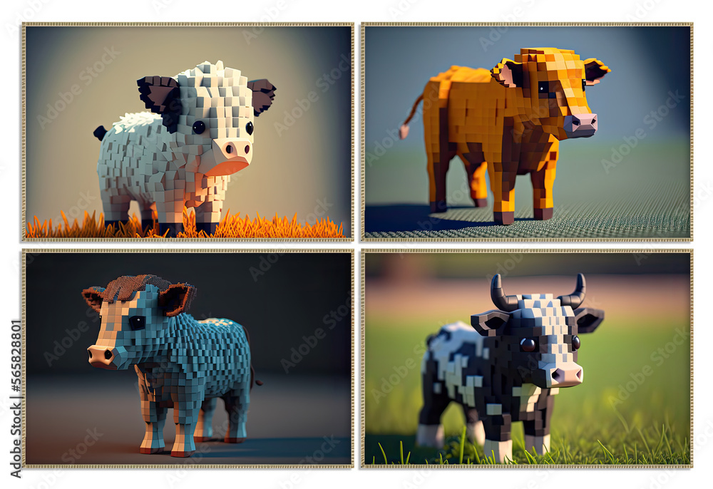 Super adorable bull collection, voxel art or pixel art style, perfect ...