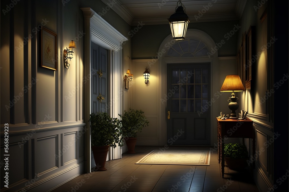 Country interior style hallway with entrance door at night in the light ...
