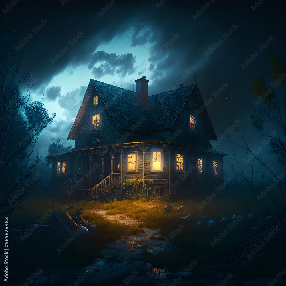 scary house scene during night Dramatic 8K HDR Rays of Shimmering Light ...