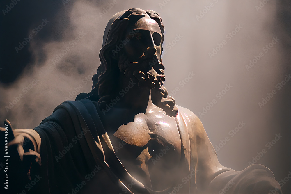 Jesus Christ statue in a shadow with fog, spiritual sculpture in heaven ...