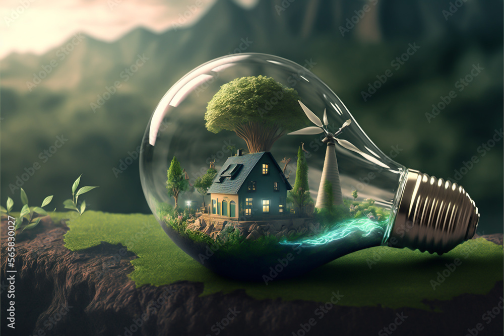 concept of a green eco-friendly building powered by wind energy ...