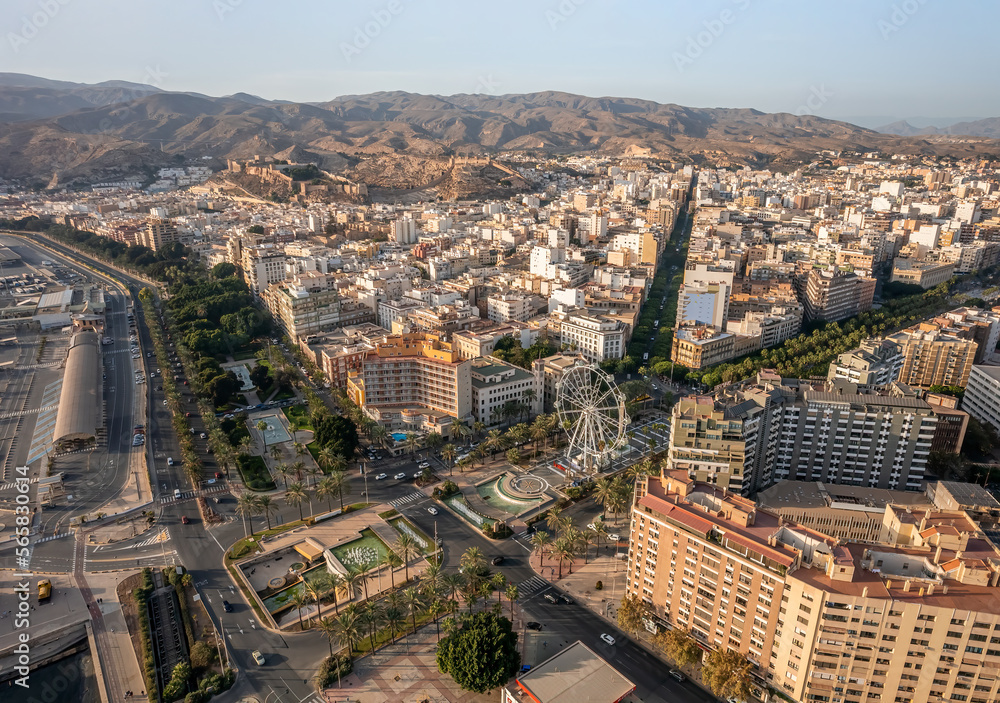 The drone aerial view of downtown district of Almeria, Spain. Almería ...