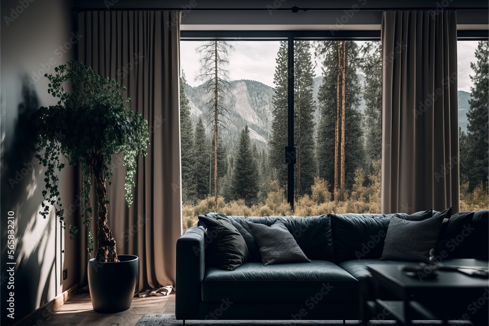 Illustrazione Stock Stunning interior with a panoramic window ...