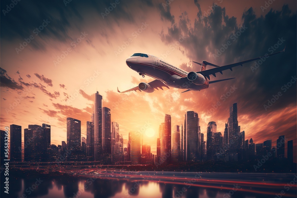 Commercial airliner flying over a city skyline at sunset, created with ...