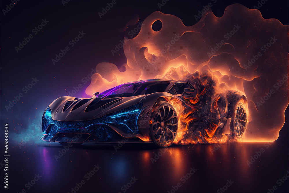 a car with flames on the side of it and a black background with a blue ...