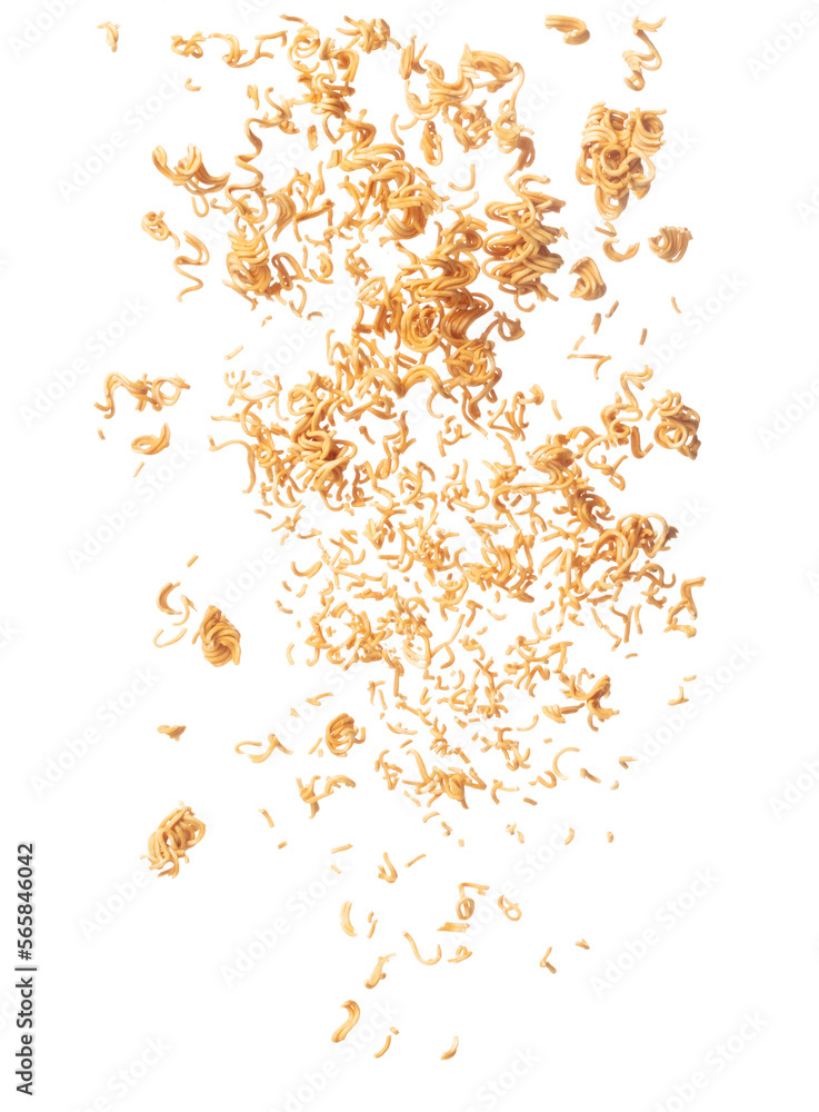 Instant Noodle fall down in group, yellow instant noodle float explode ...