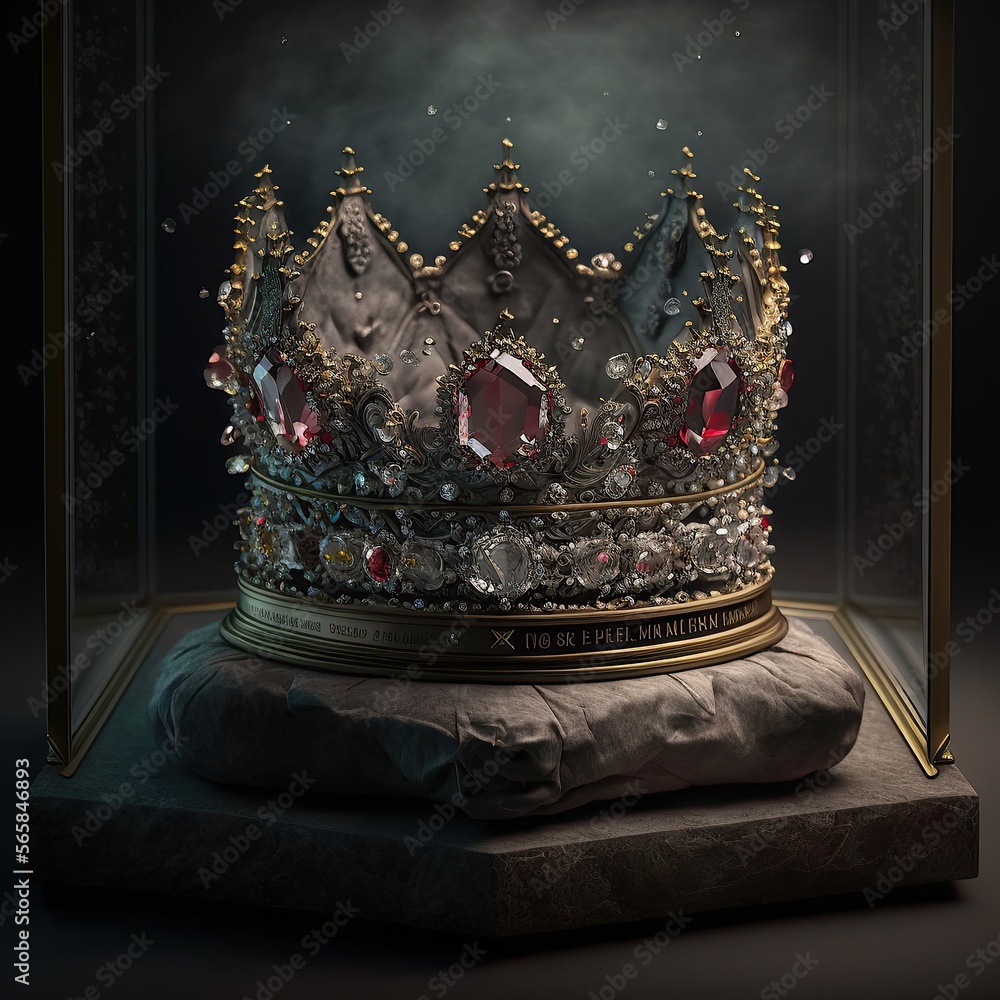 a crown with encrusted diamonds and rubies in a display case held up my ...