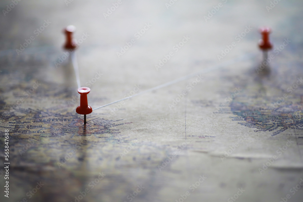 Travel concept. Map and needle with a marked place. Compass point on ...