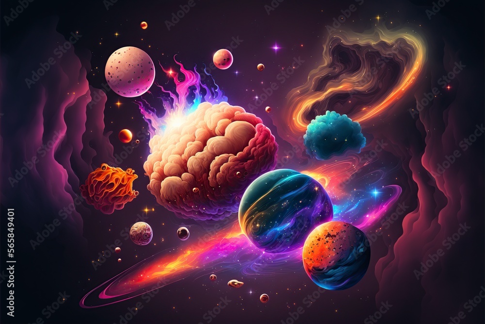 cartoon illustration, of planets in outer space, generative AI Stock ...