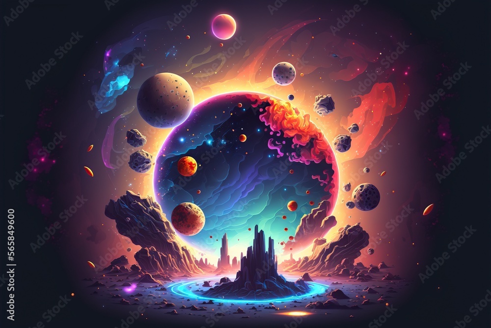 cartoon illustration, of planets in outer space, generative AI Stock ...