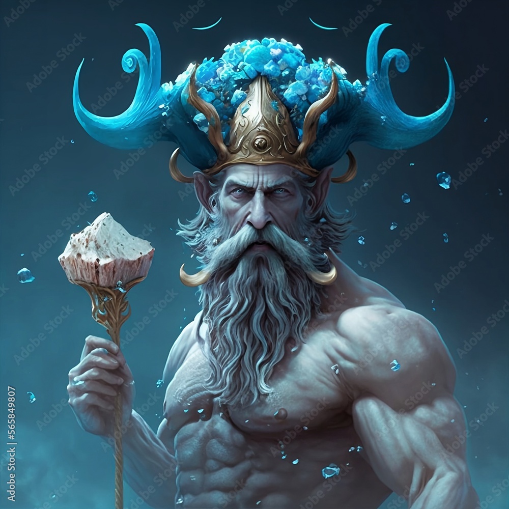 An illustration of poseidon. Mythology of god in blue tone of deep ...
