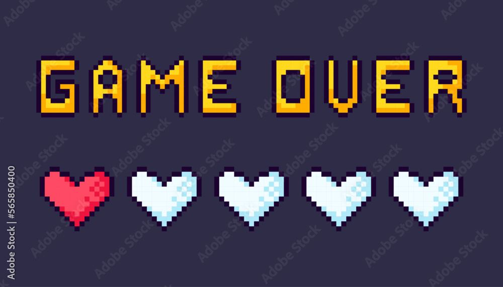 Pixel banner the phrase "Game Over". Pixel playing, Game Over screen ...