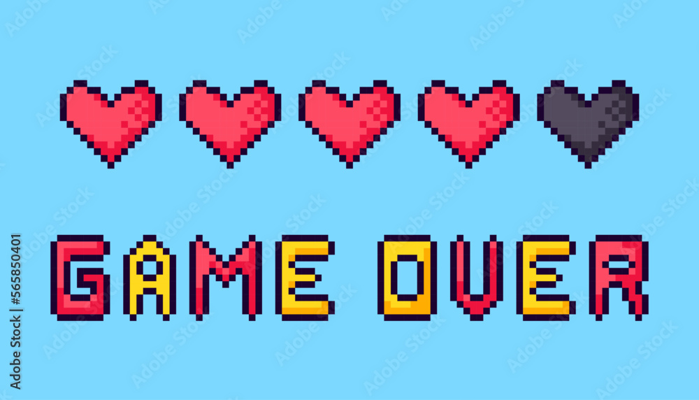 Pixel banner the phrase "Game Over". Pixel playing, Game Over screen ...