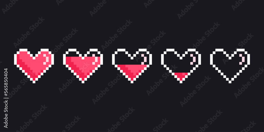 Pixel hearts, pixel life level, game progress bars. 8-bit indicators of ...