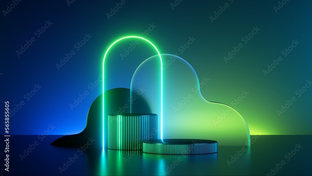 3d render, abstract minimalist background. Stage with empty podiums, geometric glass shapes and ...