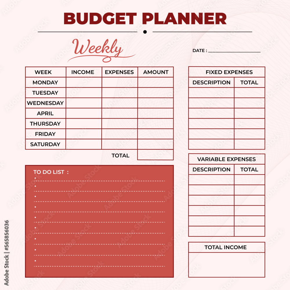 Weekly budget planner concept printable template Stock Vector | Adobe Stock