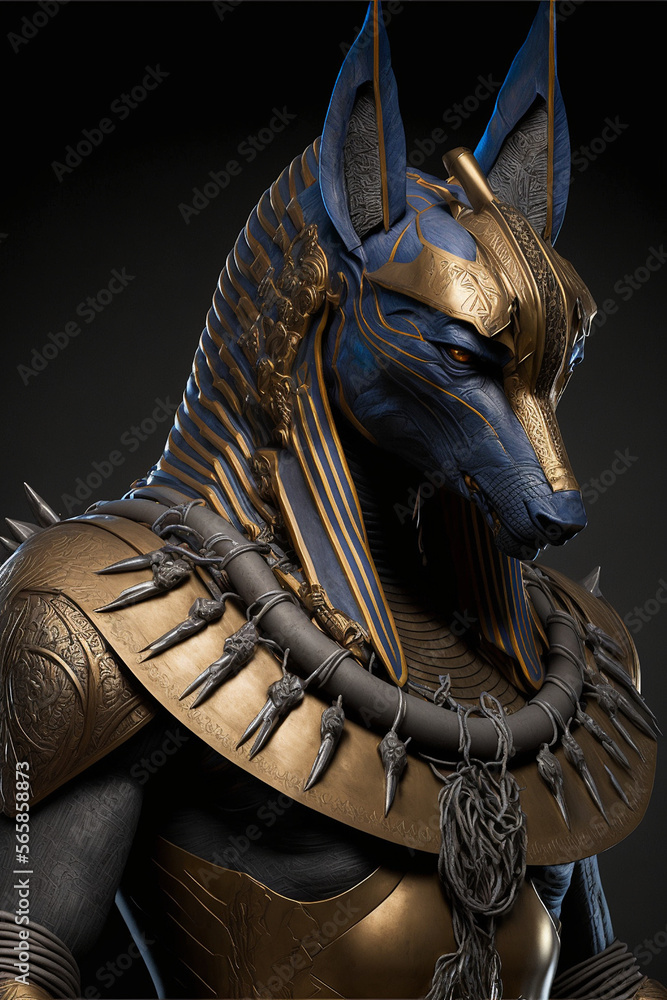 Egyptian god Anubis warrior in ancient golden armor. Image created with ...