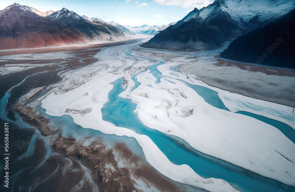 Glacial rivers from above. Aerial photograph of the river streams from ...