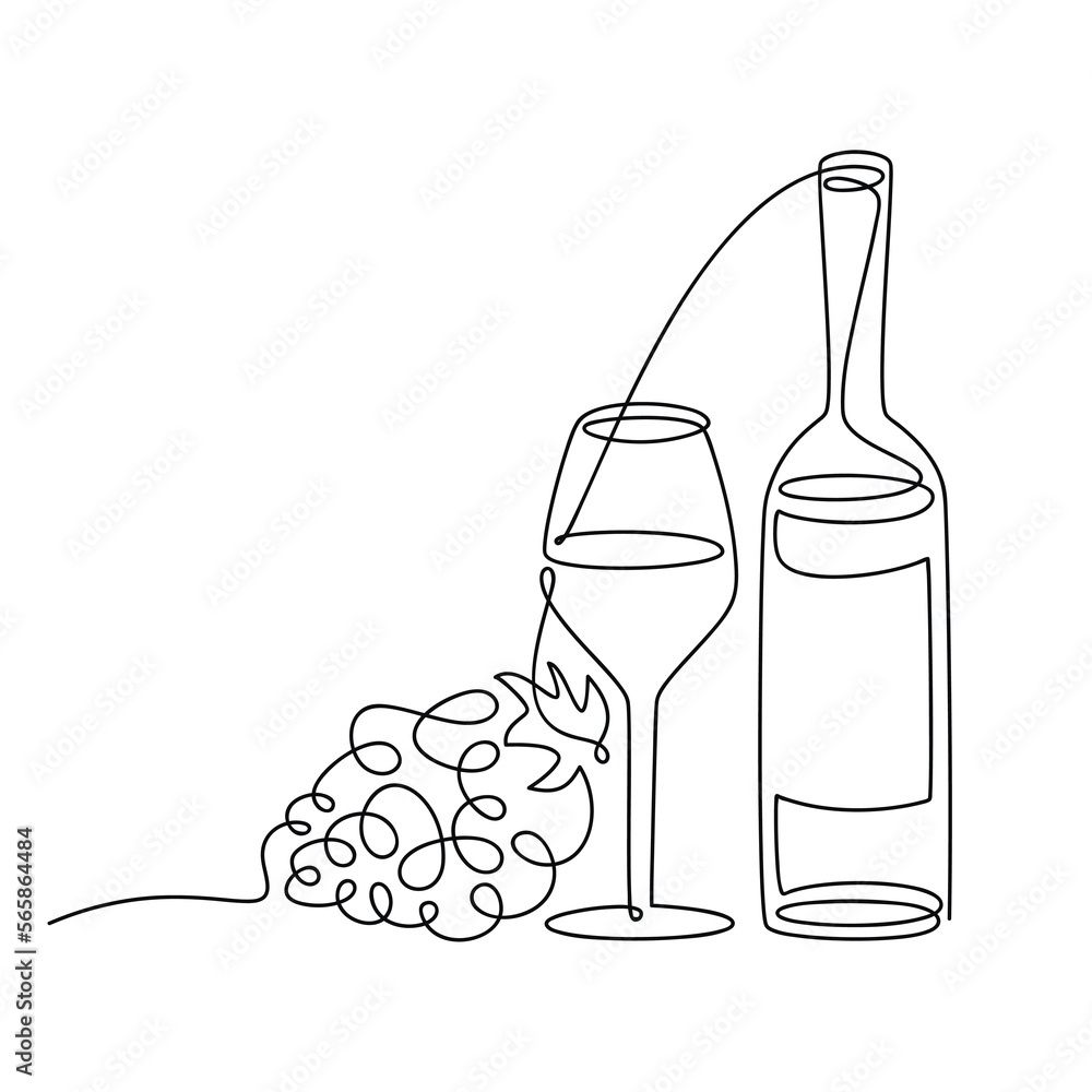 Wine bottle, glass and grape bunch vector one line continuous drawing ...