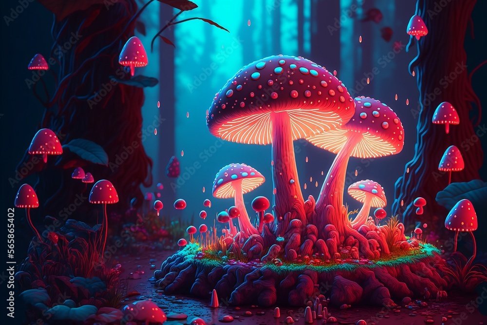32-bit art/pixel art of mushrooms in a forest. Neon colors. Generative ...
