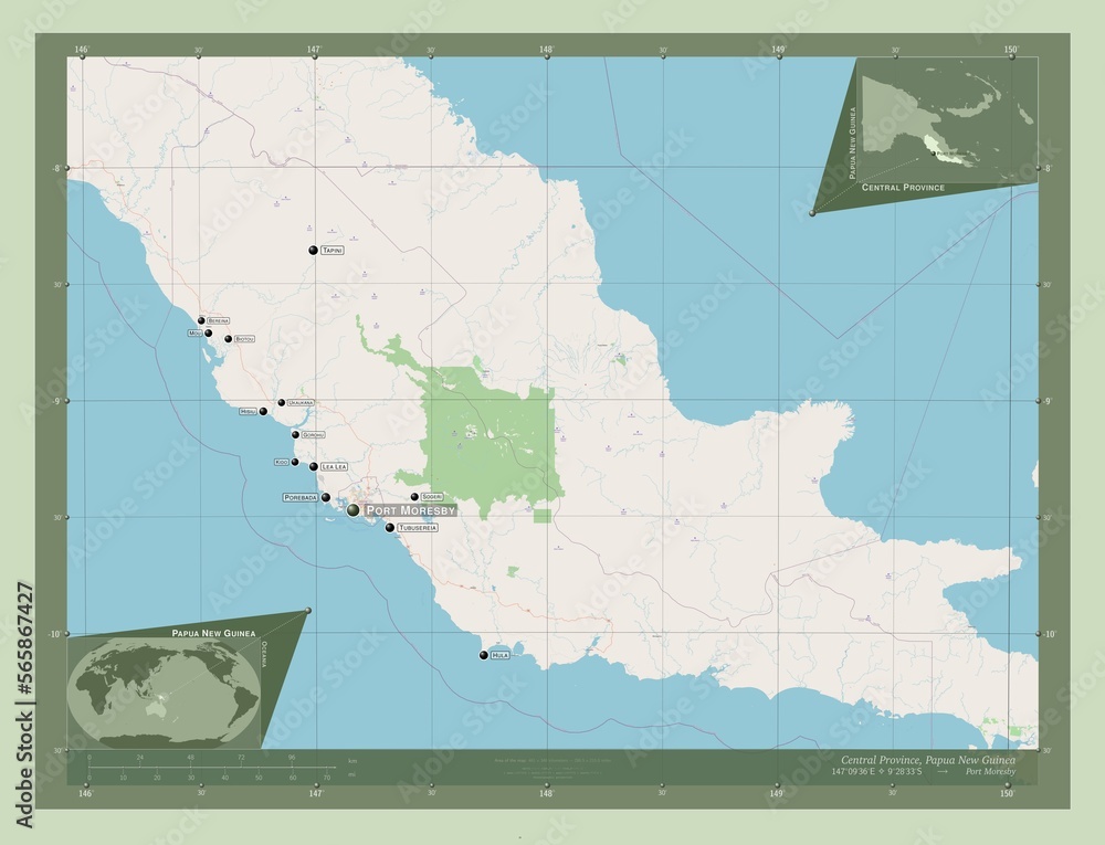 Central Province, Papua New Guinea. OSM. Labelled points of cities ...