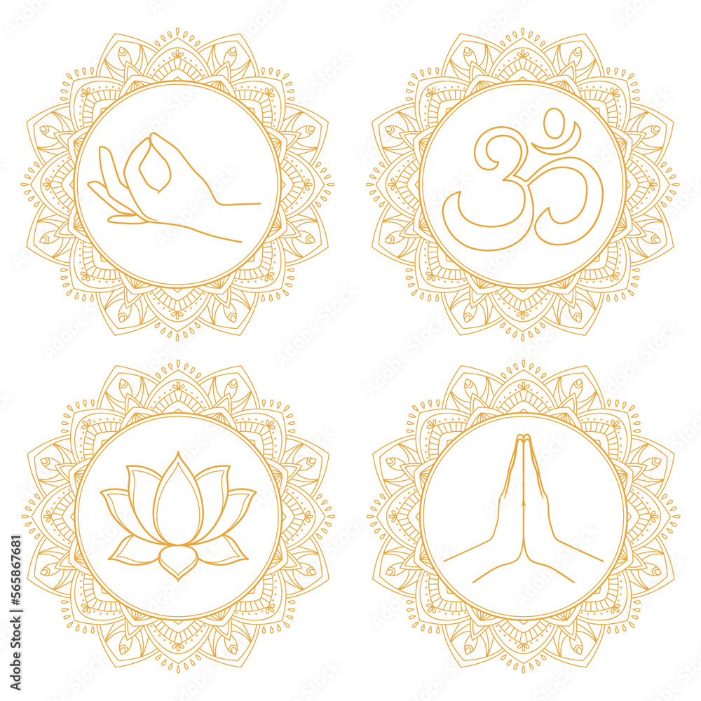 ภาพประกอบสต็อก Collection of buddhism symbols on ornate background ...