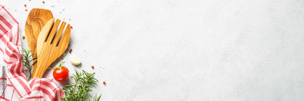 Food background with spices, herbs and utensil on white background ...
